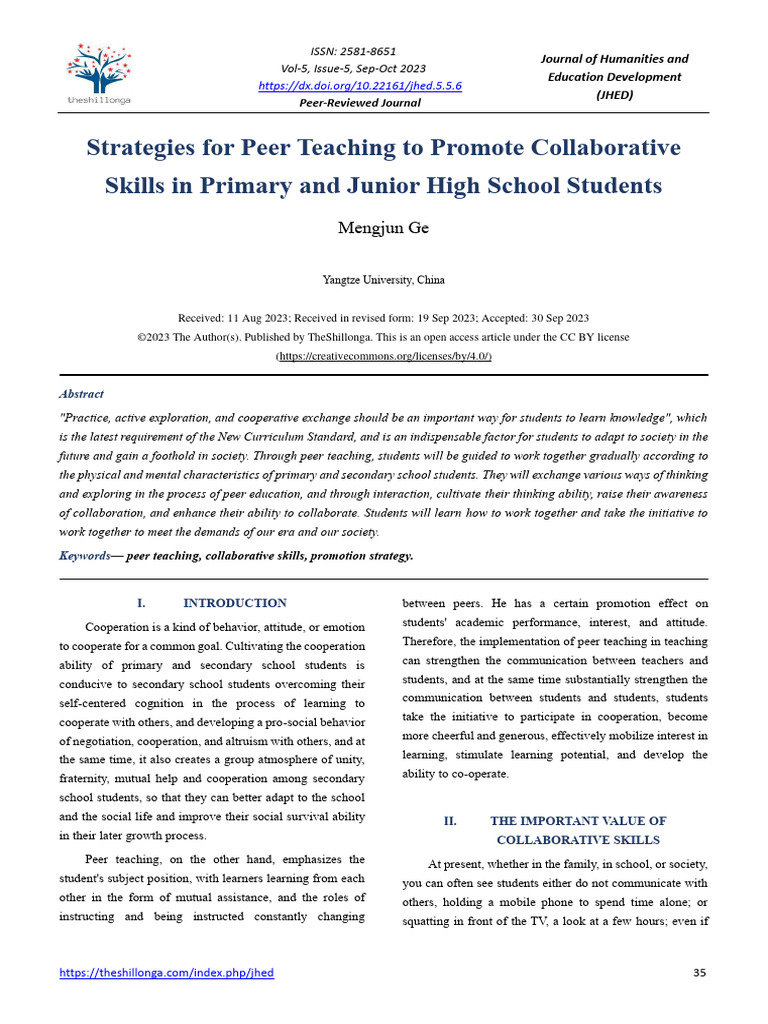 Strategies For Peer Teaching To Promote Collaborative Skills in Primary and Junior High School ...