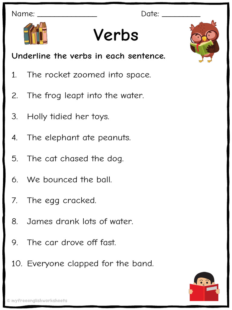 Verb Worksheet 2 Underline The Verb | PDF