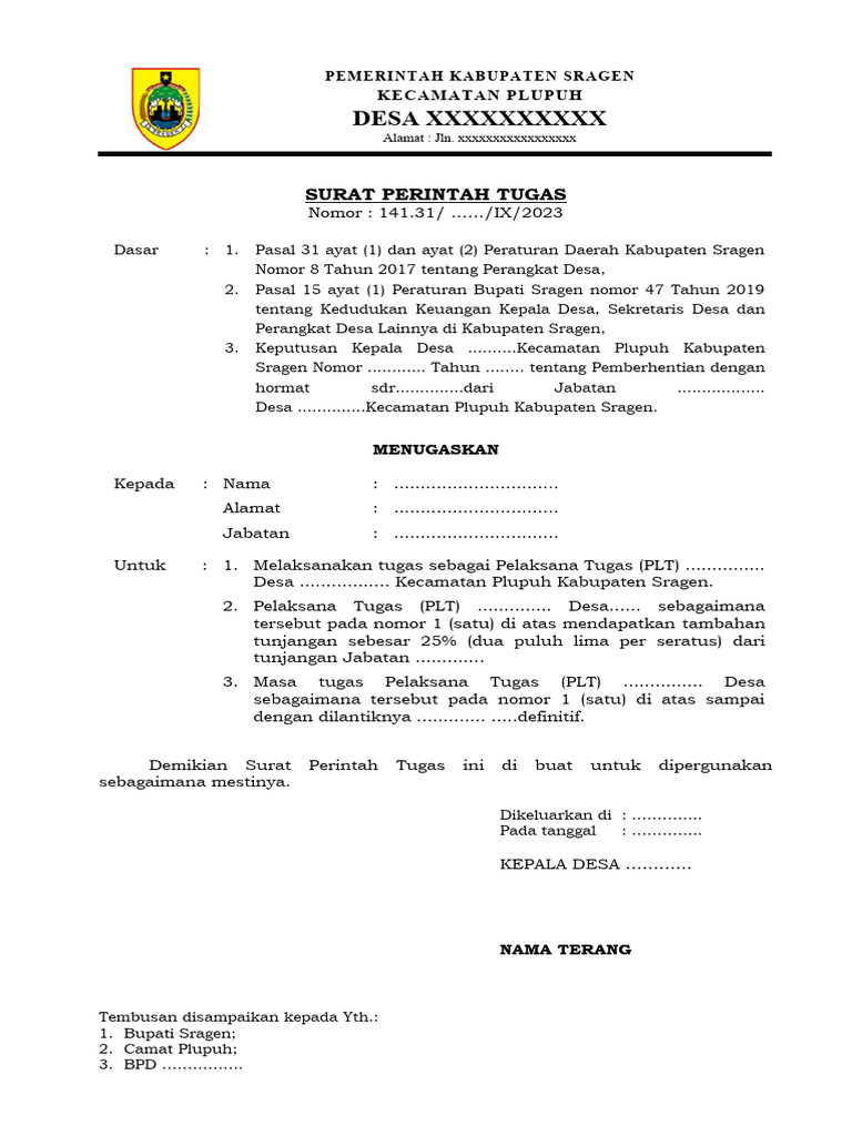 Contoh Surat Tugas PLT Perangkat Desa | PDF