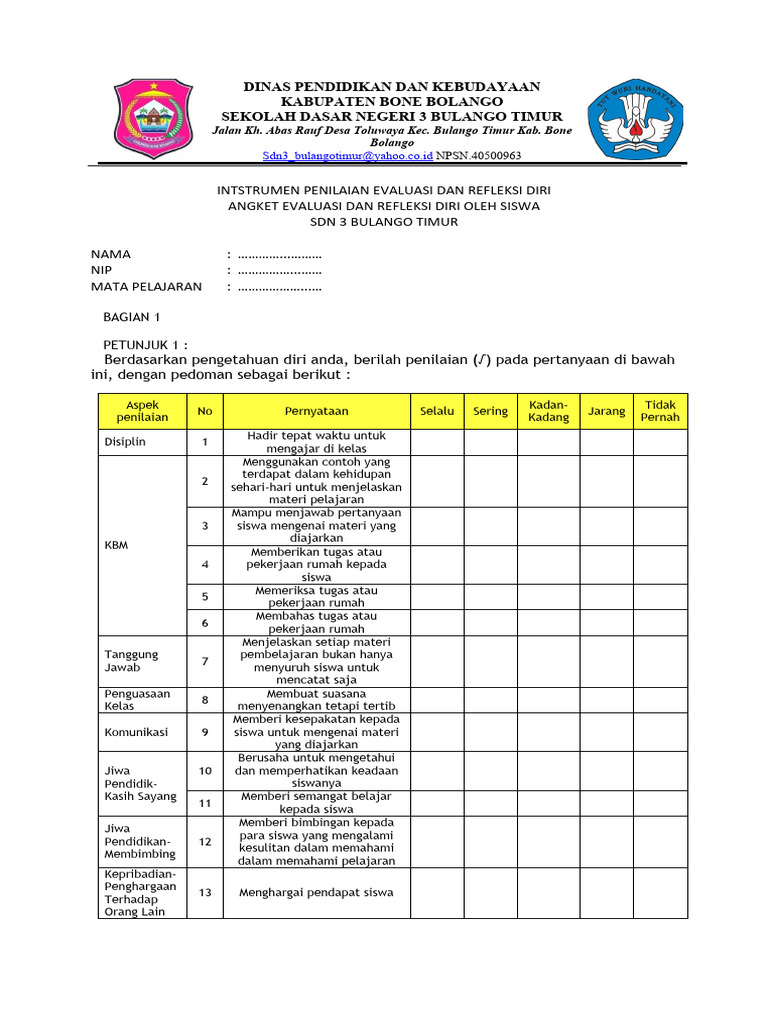 Angket Evaluasi Dan Refleksi Diri | PDF