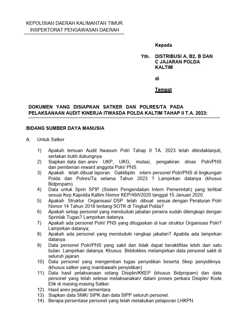 Kisi-Kisi Bid SDM Audit Kinerja Itwasda Tahap Ii Bid SDM-1 | PDF | Social Science | Law