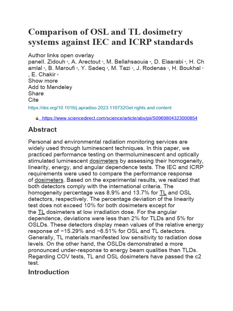 Comparison of OSL and TL Dosimetry Systems Against IEC and ICRP ...