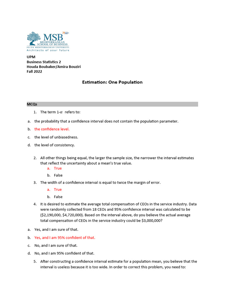 Estimation One Population Review Questions Fall2023 Solution | PDF ...