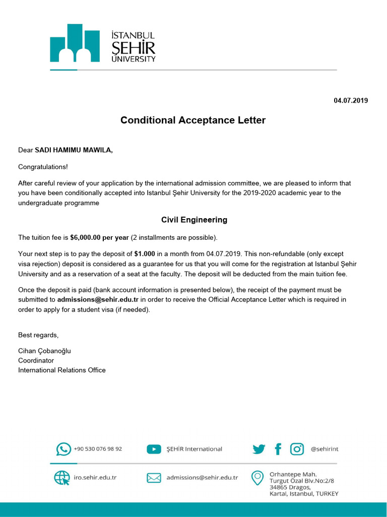 Conditional Acceptance Letter Undergraduate Sadi Hamimu Mawila Pdf