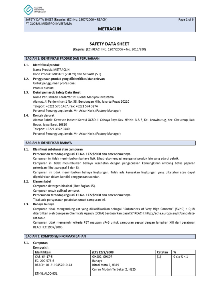 Safety Data Sheet - Metraclin - PT Global Medipro Investama | PDF | Teknologi & Rekayasa