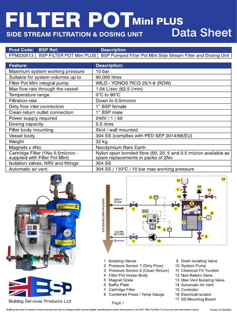 BSP - Filter Pot Mini PLUS - DataSheet V1.0 Sep 2022 | PDF