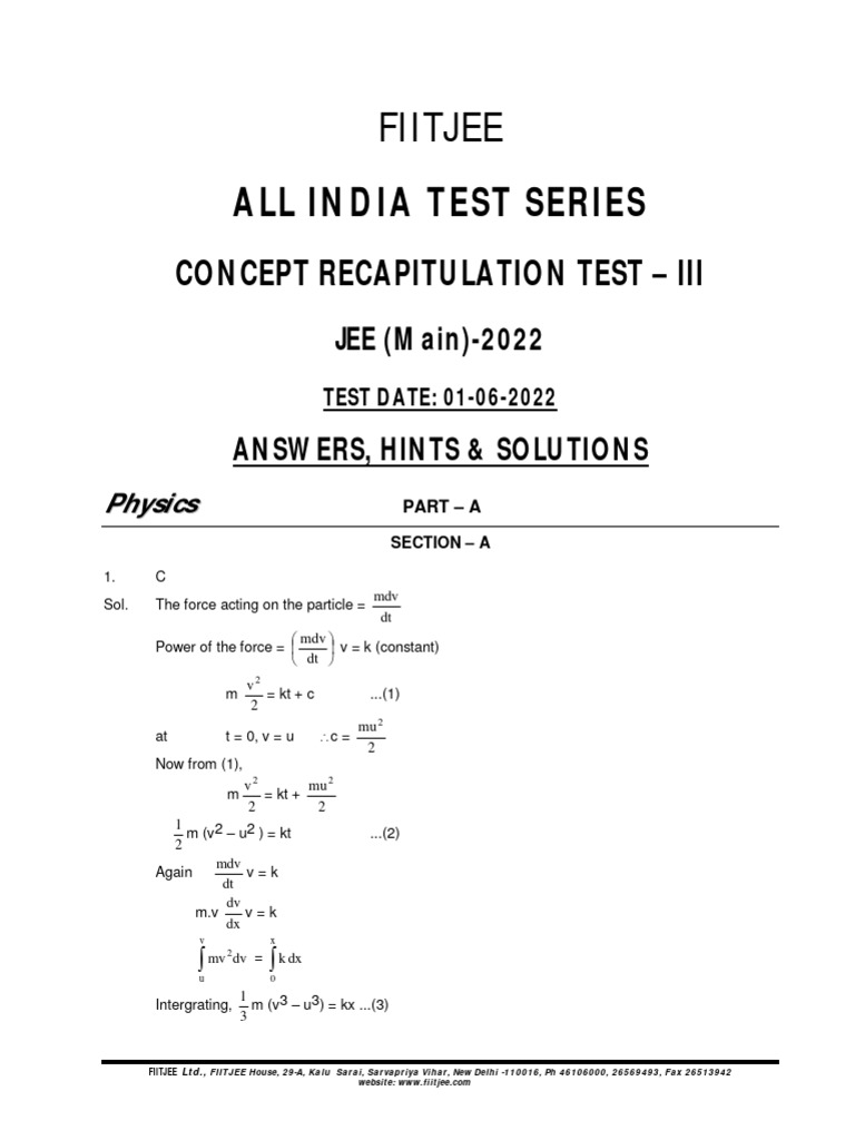 Aits Crt-3 Jee Main Solution | PDF | Physical Quantities | Applied And Interdisciplinary Physics