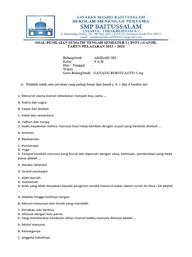 Format Soal Penilaian Sumatif Tengah Semester 1 KLS 9 | PDF