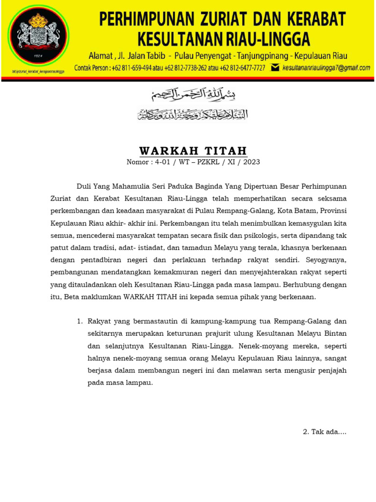 Warkah Titah Kesultanan Riau Lingga | PDF | Perjalanan | Sejarah