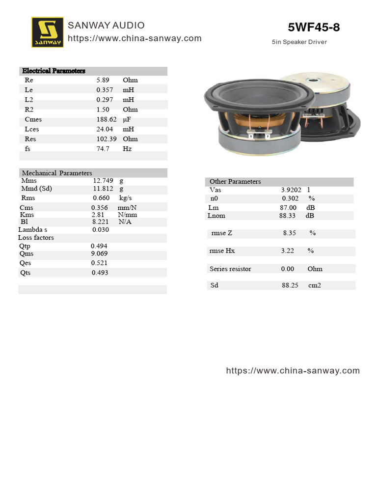 SYVA 5WF45-8 5 Inch Speaker Driver Data Sheet | PDF