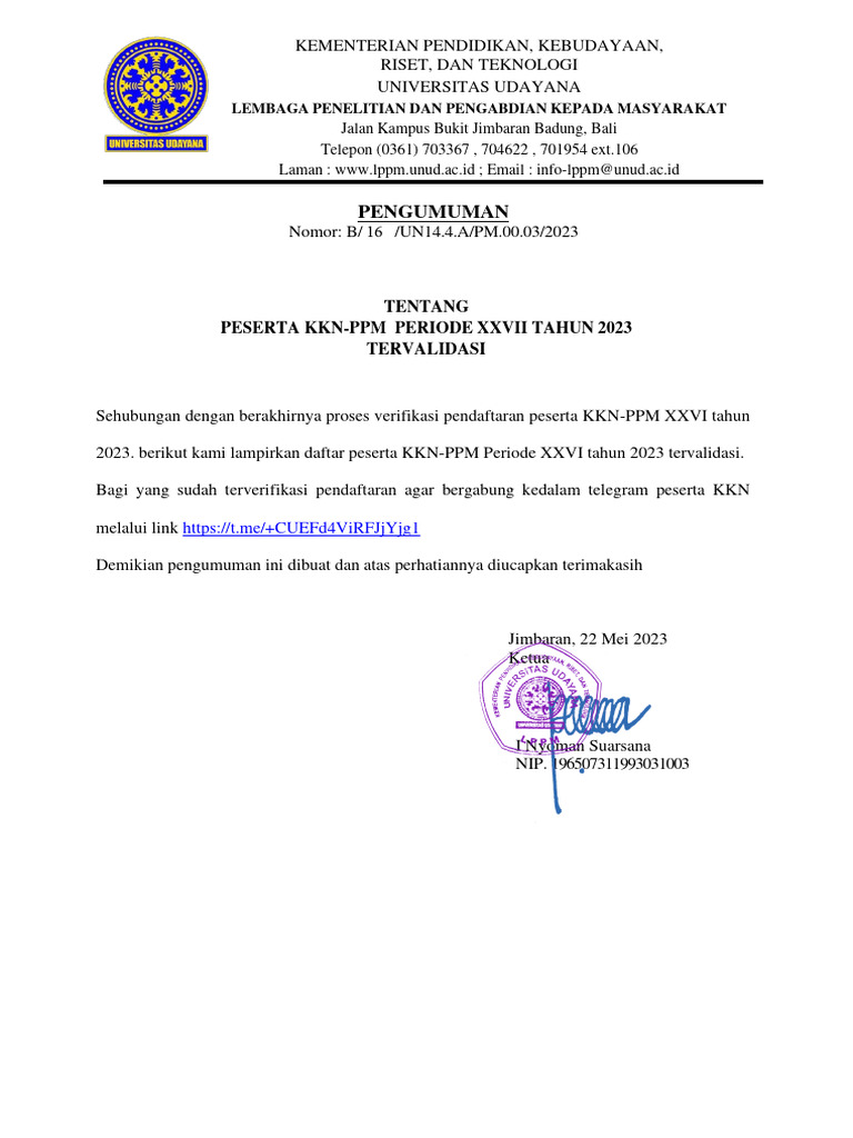 Pengumuman: Tentang Peserta KKN-PPM Periode Xxvii Tahun 2023 Tervalidasi | PDF