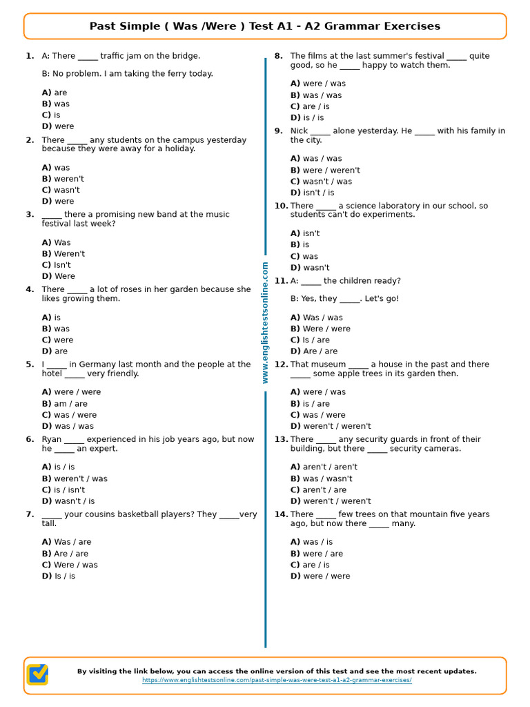 Past Simple Was/Were Test A1-A2 | PDF