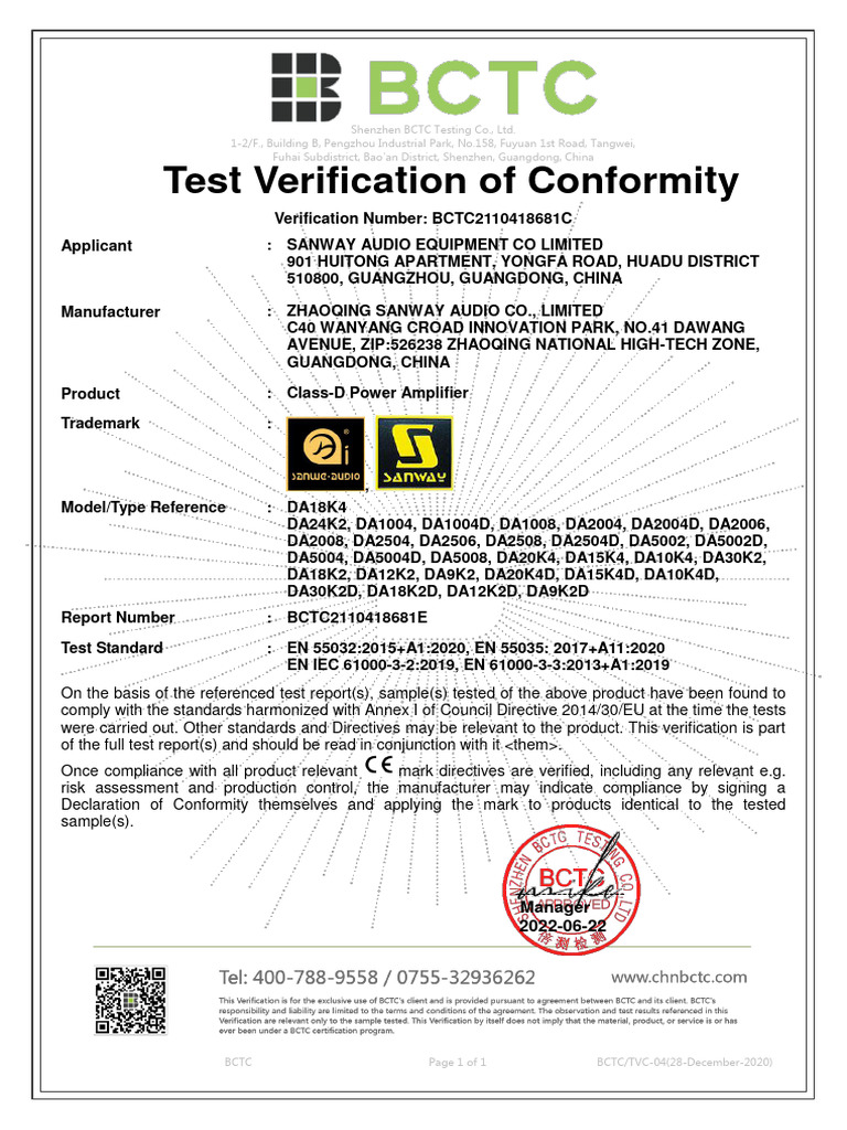 DA18K4 Class-D Power Amplifier CE-EMC Certification | PDF