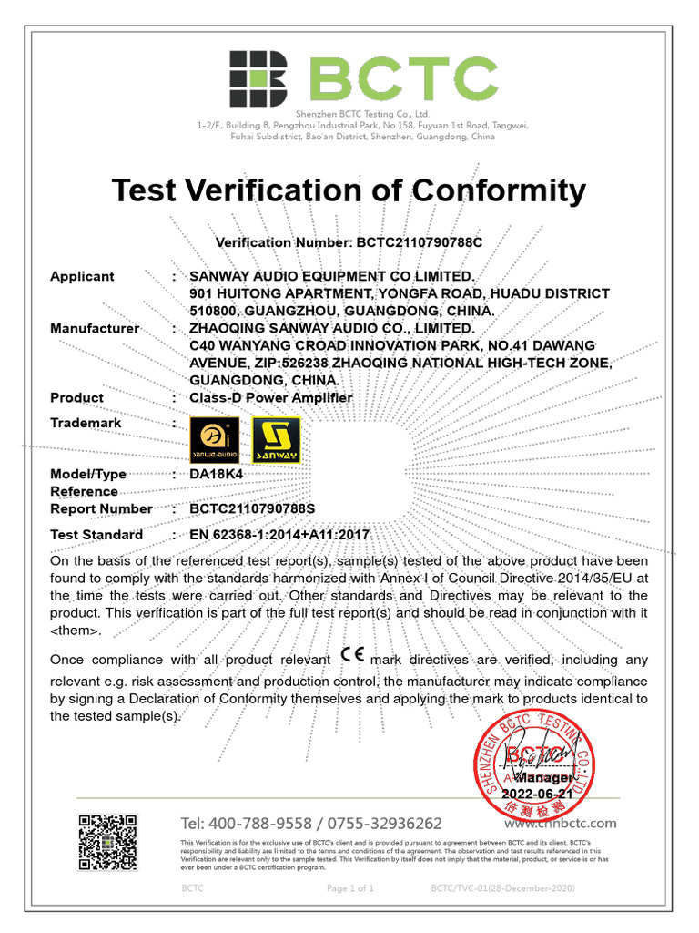 DA18K4 Class-D Power Amplifier CE-LVD Certification | PDF | Shenzhen