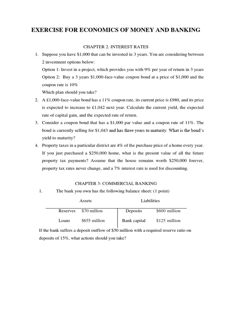 Exercise For Economics of Money and Banking | PDF