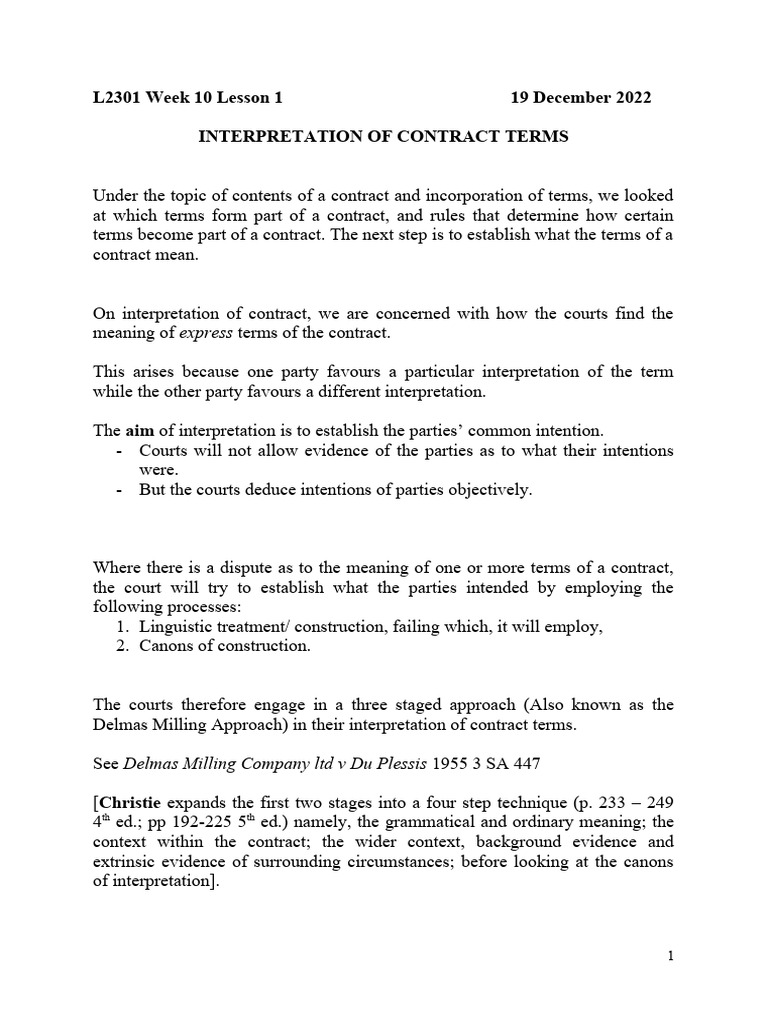 L2301 Week 10 Lesson 1 Interpretation Of Contracts Pdf Statutory Interpretation Parol