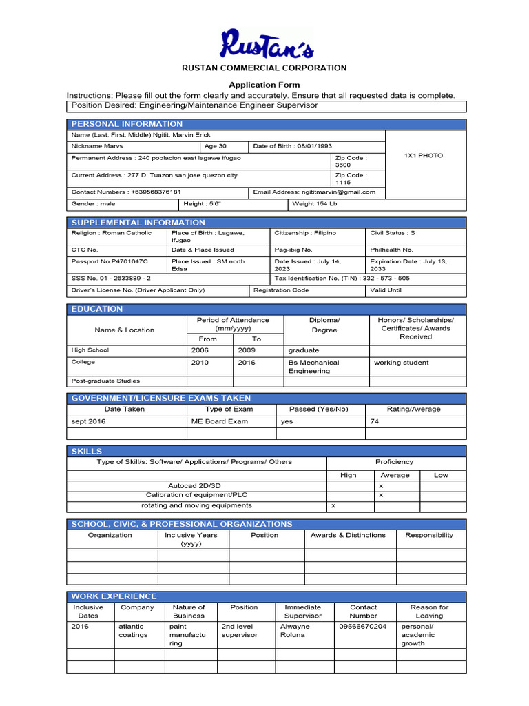 RCC Application Form for Engineer Position | PDF | Privacy | Employment