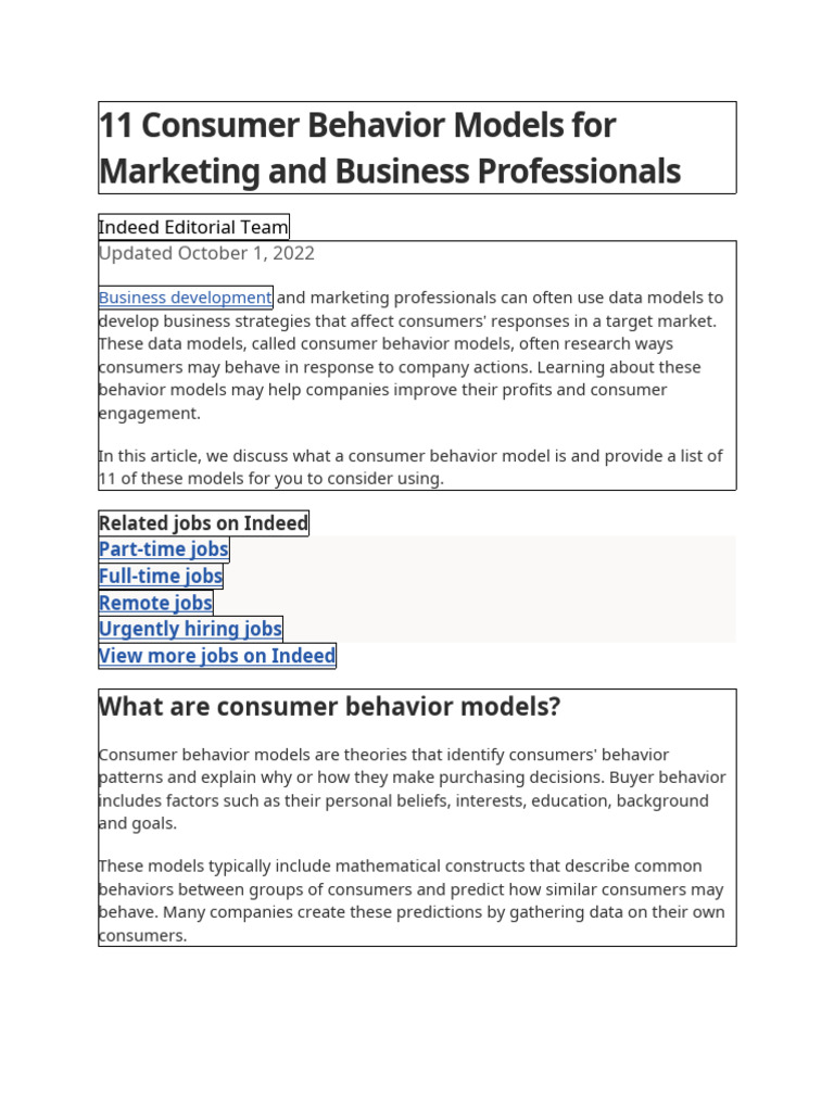 11 Consumer Behavior Models For Marketing and Business Professionals | PDF