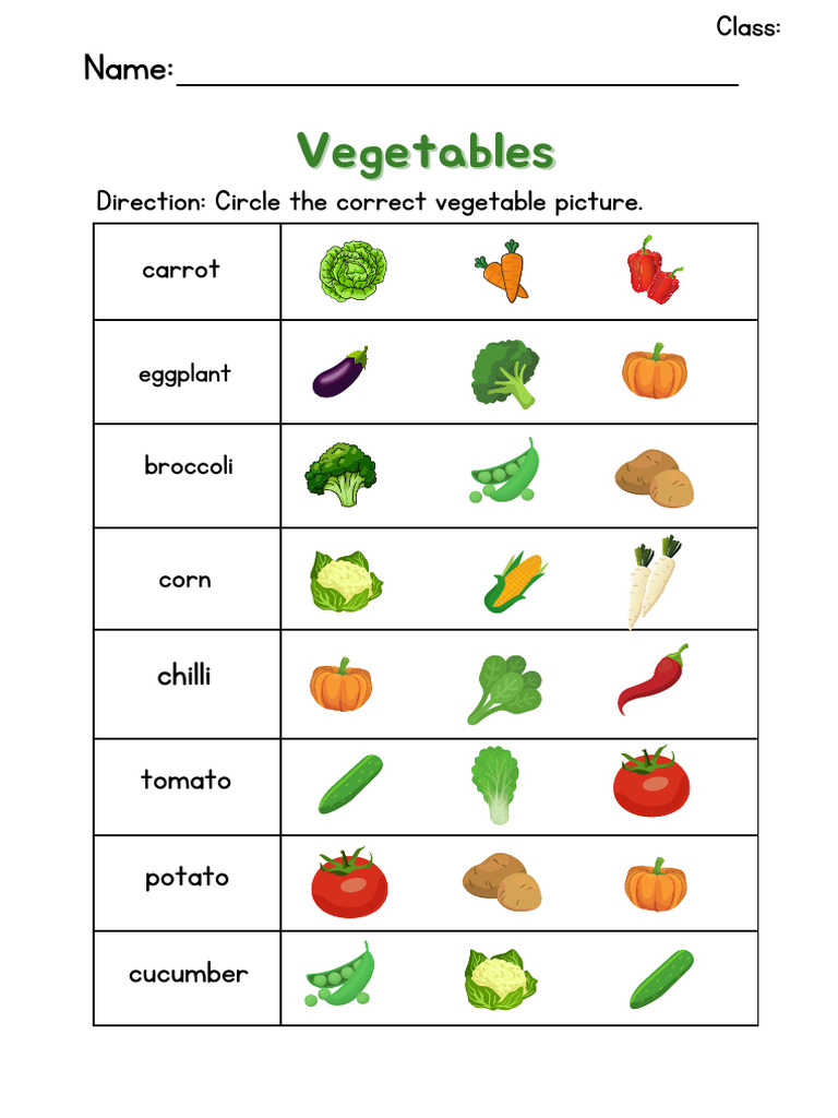 Colorful Illustrated Vegetable Identification Worksheet | PDF