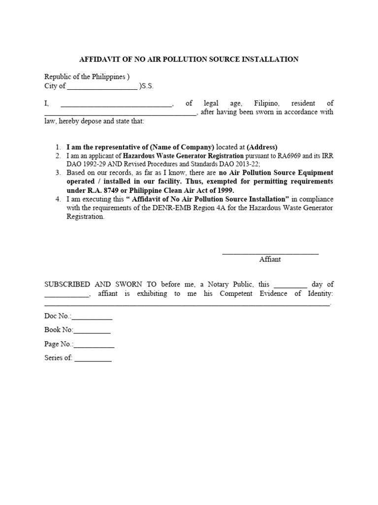 Affidavit of No Air Pollution Source Installation | PDF Affidavit of No Air Pollution Source Installation | PDF