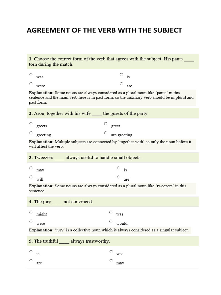 Agreement of The Verb With The Subject | PDF | Grammatical Number | Verb