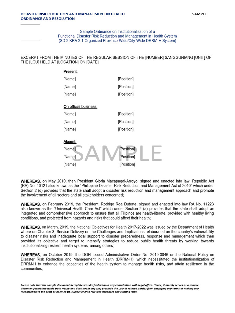 SD 2 KRA 2.1 Sample Ordinance On The Organization of DRRMH System in PCWHS | PDF | Emergency ...