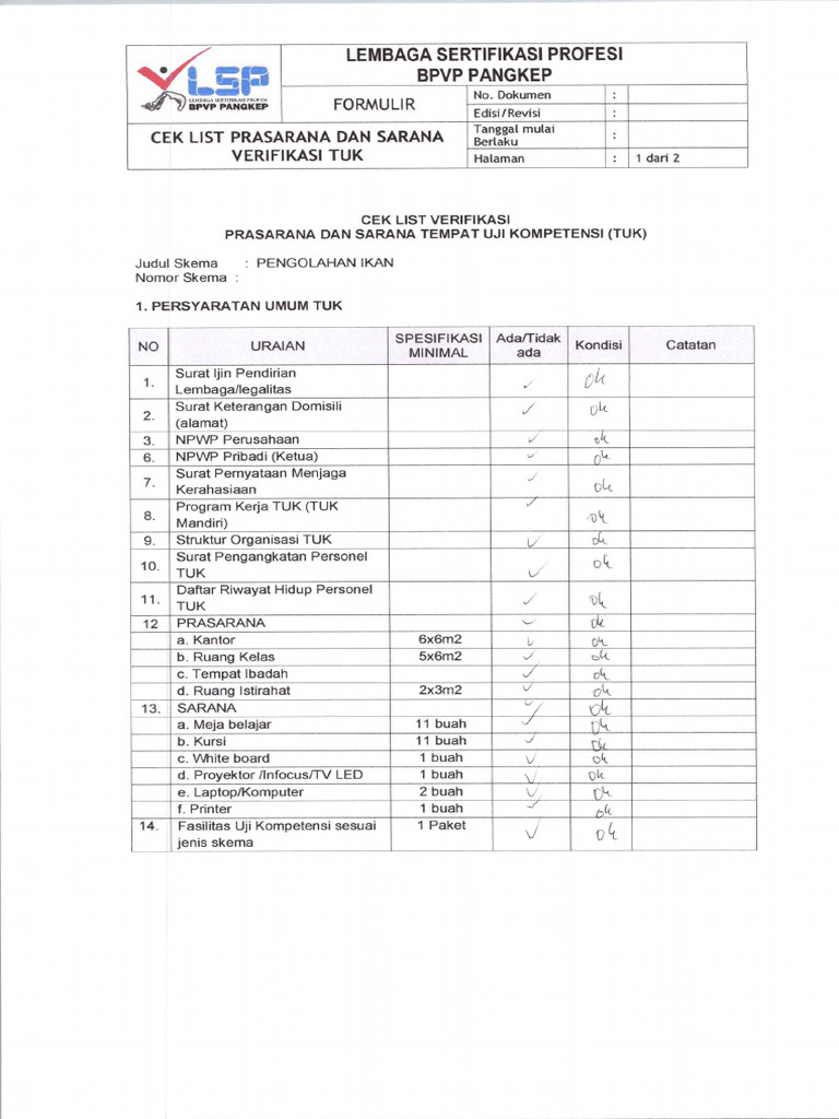 Ceklist Verifikasi Tuk Pengolahan Ikan | PDF