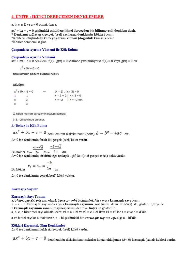 10 Sinif Matematik 4 Unite Ikinci Dereceden Denklemler | PDF