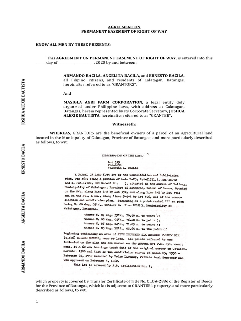 Permanent Easement Agreement Batangas | PDF