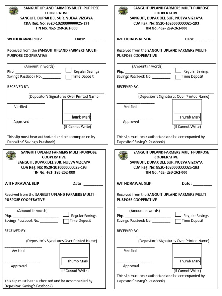 Withdrawal Slip | PDF | Passbook | Banks