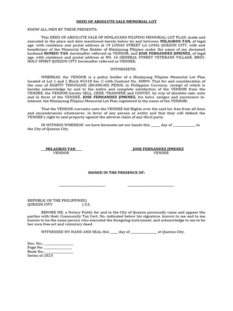 Deed of Sale Memorial Lot | PDF | Deed | Legal Documents