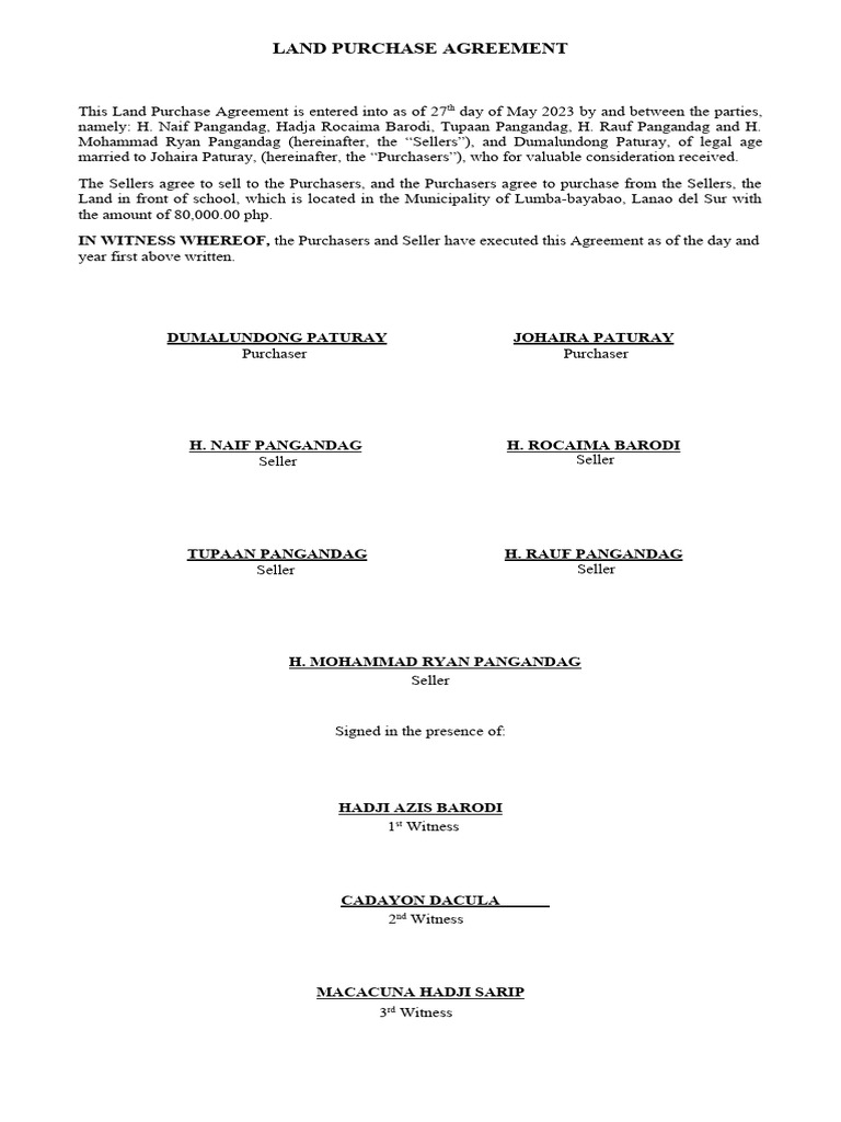 Land Purchase Agreement - Lanao del Sur | PDF