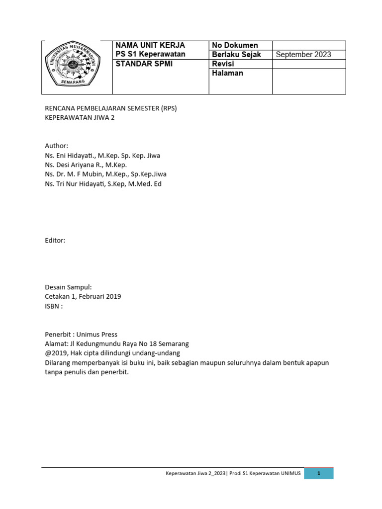 Eni Hidayati - RPS Keperawatan Jiwa 2 REG GASAL 2023 2024 | PDF | Karier & Perkembangan
