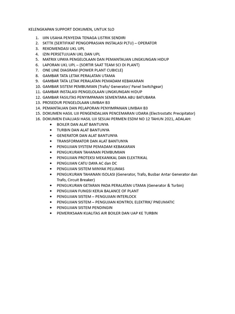 KELENGKAPAN SUPPORT DOKUMEN SLO | PDF
