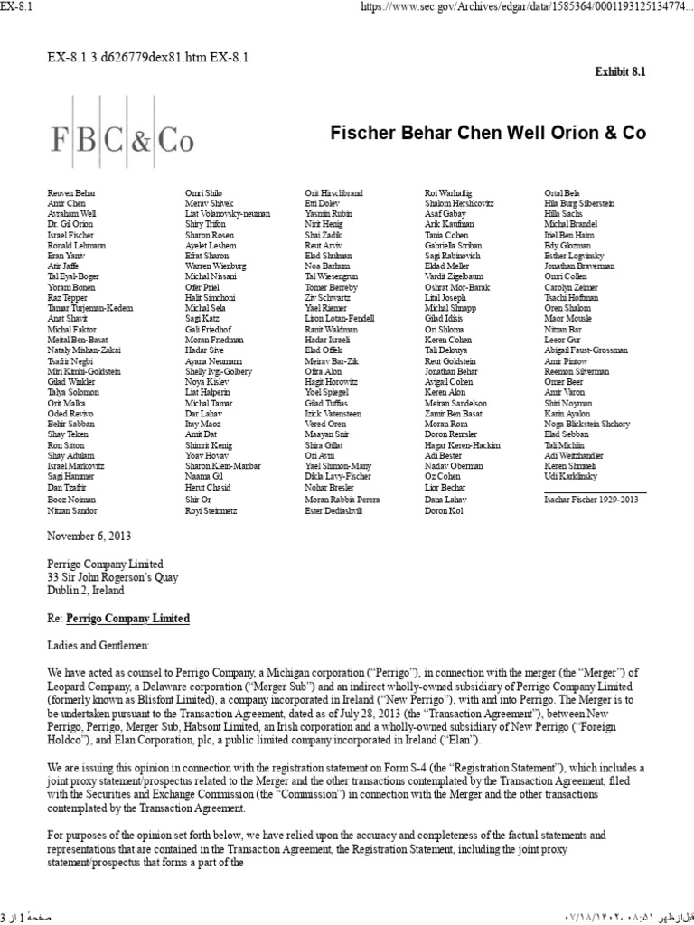 Fischer Behar Chen Well Orion & Co: EX-8.1 3 D626779dex81.htm EX-8.1 | PDF