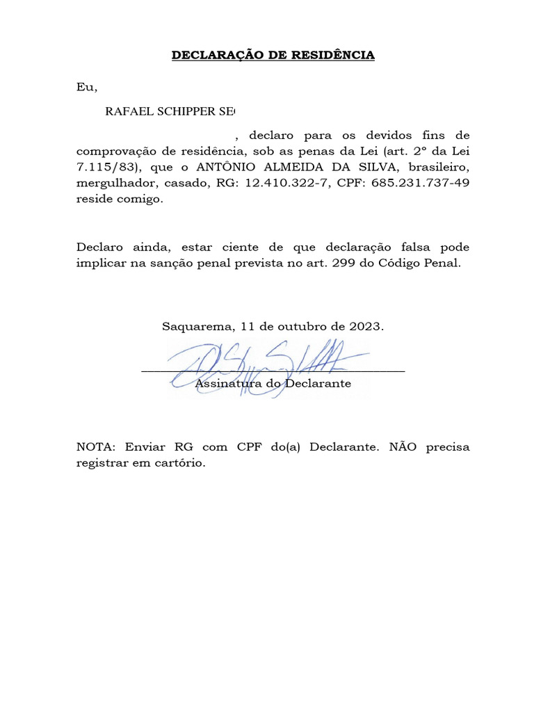 Declaração de Residencia - Modelo | PDF