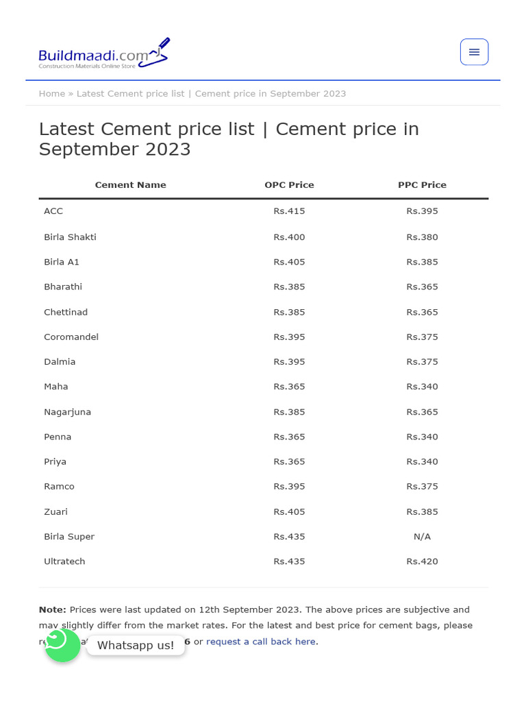 All Cement Price List Today - Cement Rate in Bangalore - 12th September ...