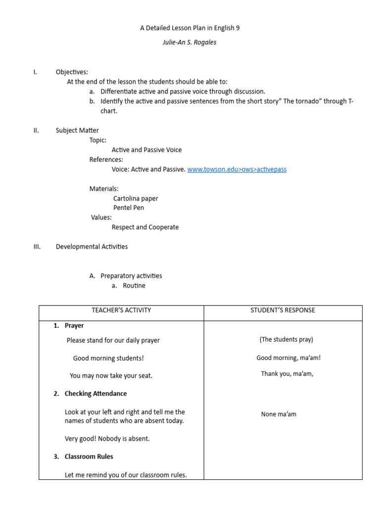 Lesson Plan: Active vs. Passive Voice | PDF | Subject (Grammar ...
