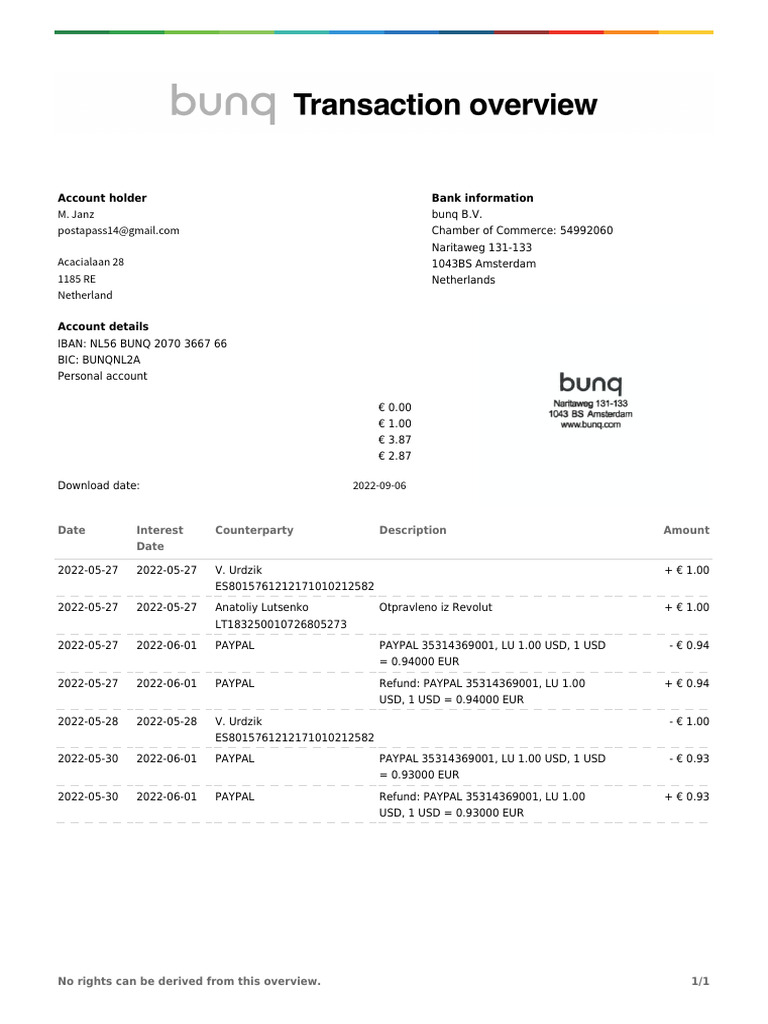 2022 05 31 - 16 36 06 - Bunq Statement | PDF