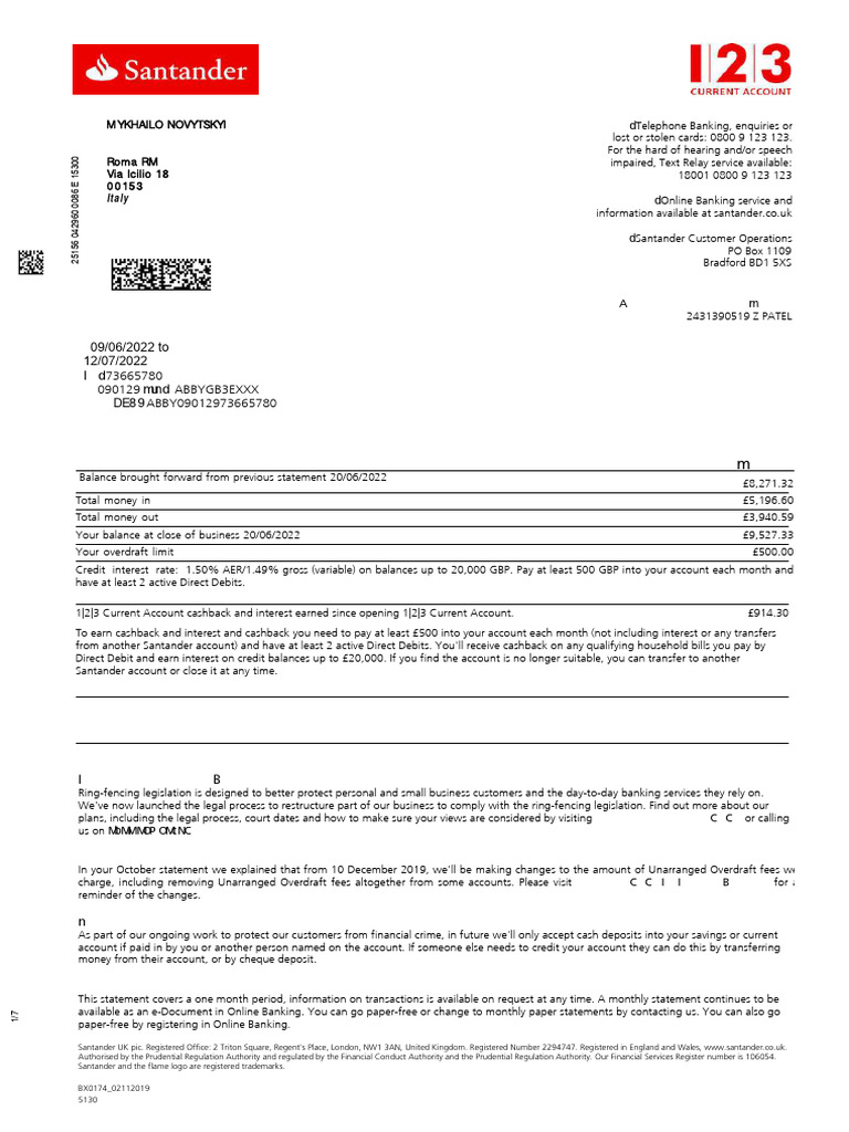 Santander Account Statement | PDF | Overdraft | Credit Card