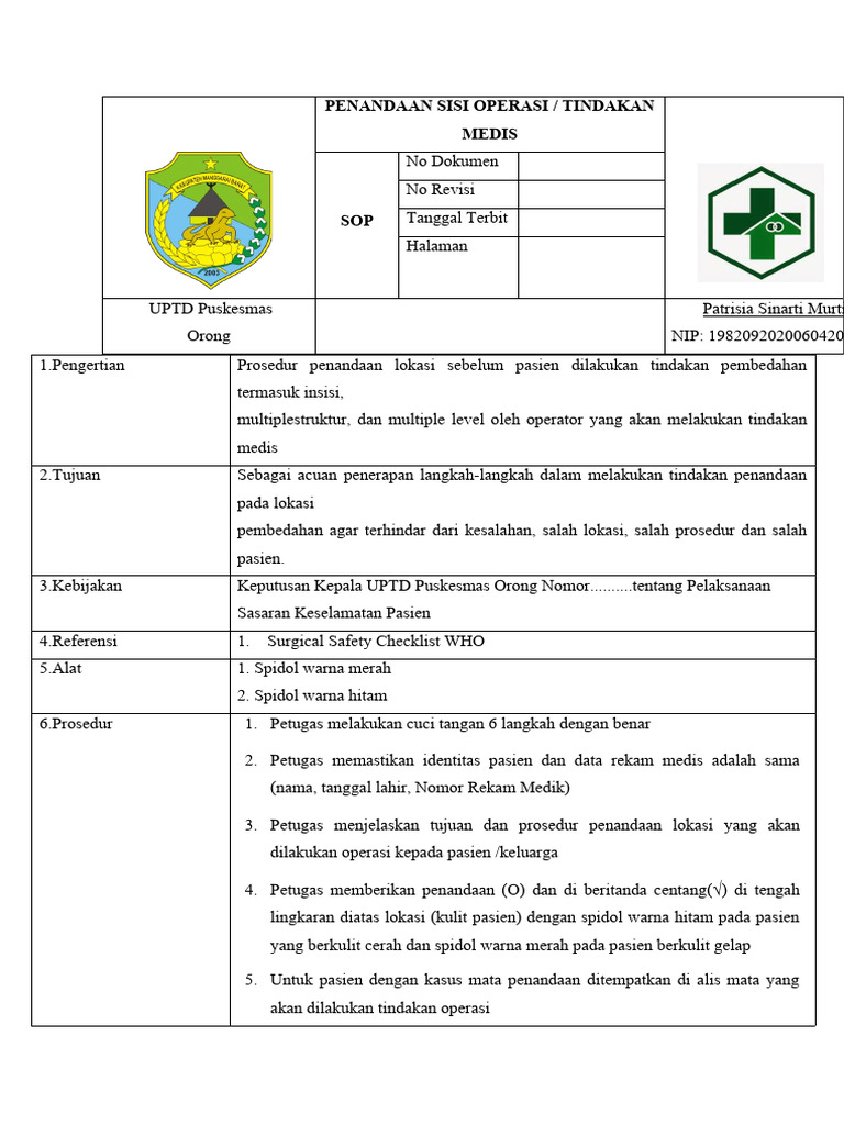 5.3.4.a SOP PENANDAAN SISI OPERASI TINDAKAN MEDIS | PDF | Kesehatan ...