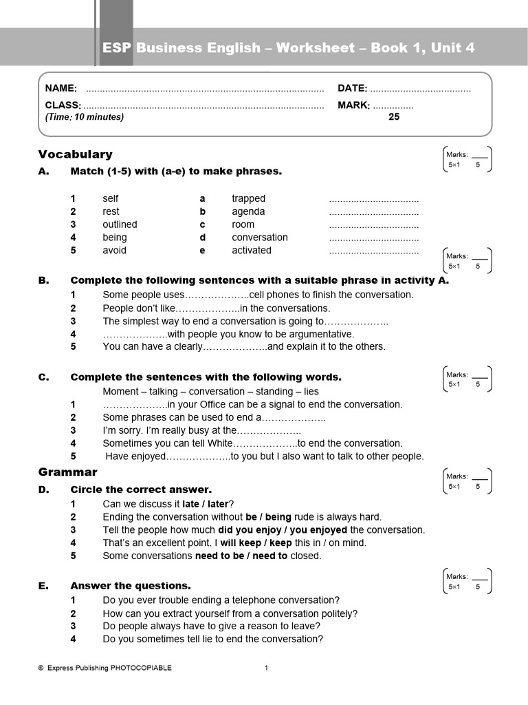 ESP Business English - Worksheet - Book 1, Unit 4 | Download Free PDF ...