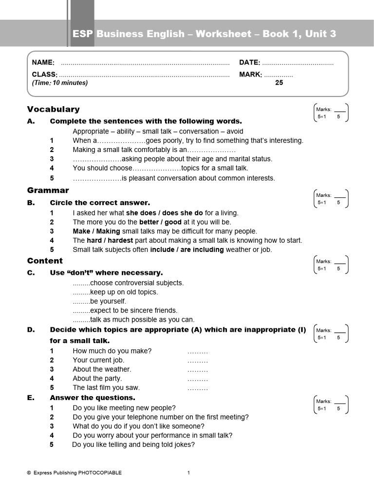 ESP Business English - Worksheet - Book 1, Unit 3 | PDF
