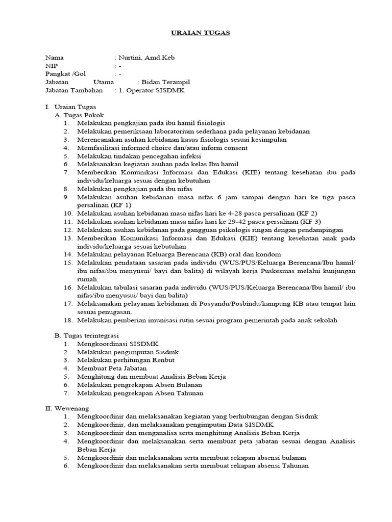 Uraian Tugas Bidan Terampil | PDF