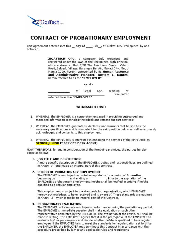 3-Month Probationary Employment Contract | PDF | Employment | Legal Remedy