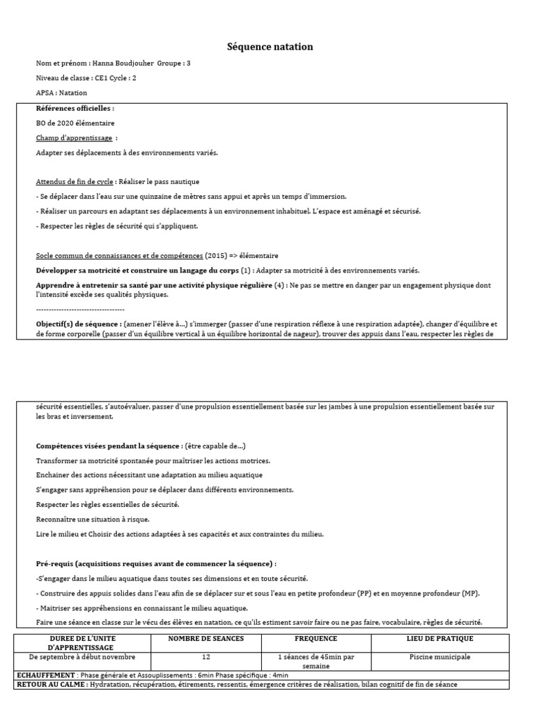 Séance de Natation Complétée | PDF