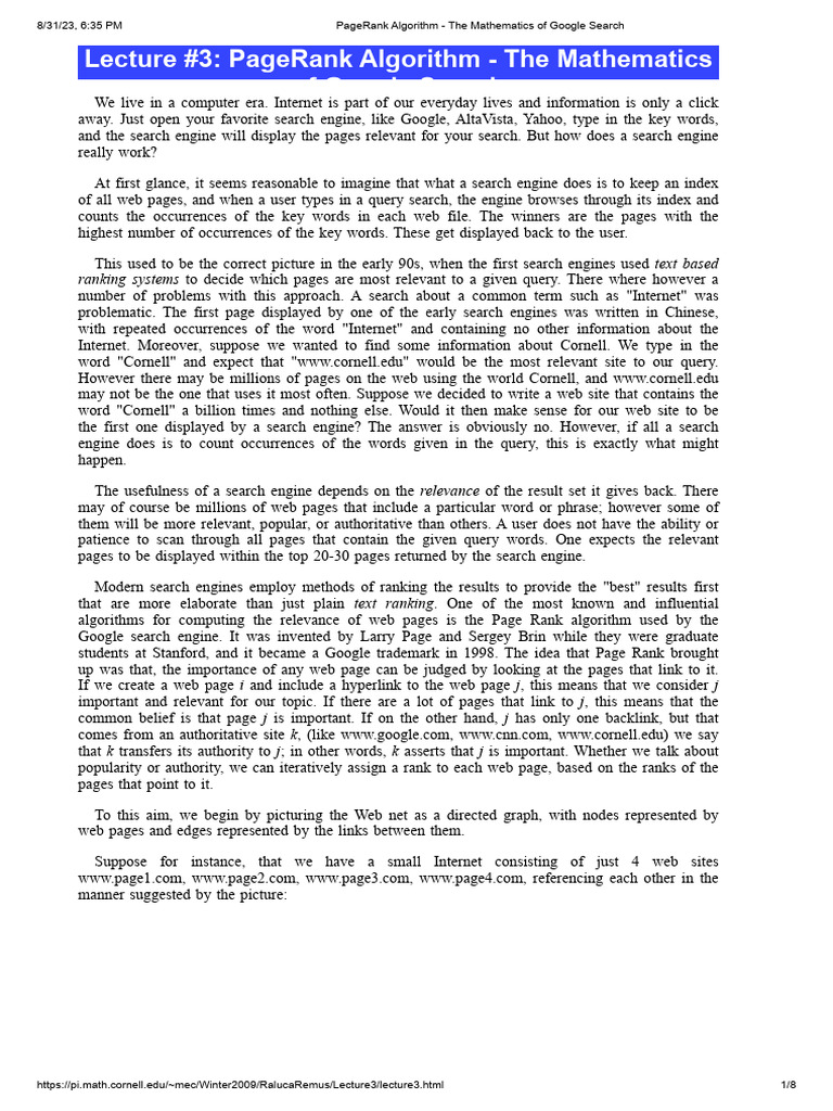 PageRank Algorithm - The Mathematics of Google Search | PDF | Eigenvalues And Eigenvectors ...