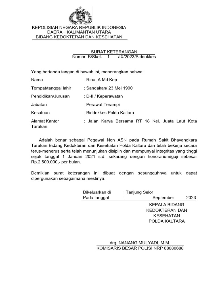 Surat Keterangan Bekerja (PPPK Polri) | PDF