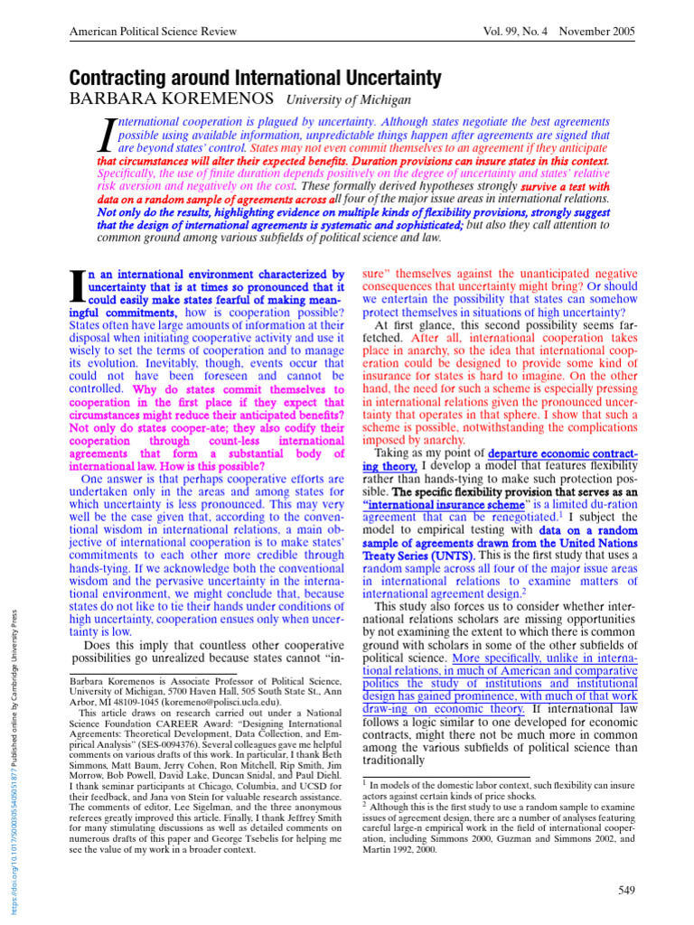 Koremenos, 2005. "Contracting Around International Uncertainty | PDF ...