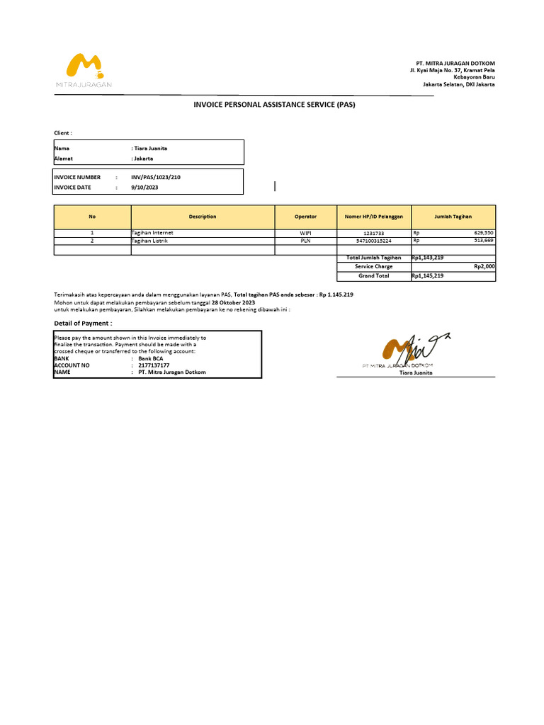 Invoice 210 - Pas Tiara Juanita | PDF
